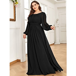Ever-Pretty Women's Round Neck Long Lantern Sleeves Chiffon Pleated Long Evening Gown Plus Size Formal Dress Black US22