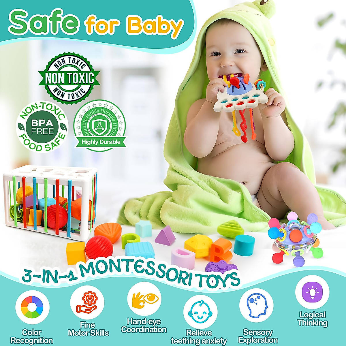 3 in 1 Baby Toys 6 to 12 Months, Baby Teething Toys & Pull String & Shape Sort Cube Sensory Toys, Montessori Toys for Babies 6-12 Months, Infant Toys 6-9-12-18 M+, Gifts for Baby Toys 12-18 Months
