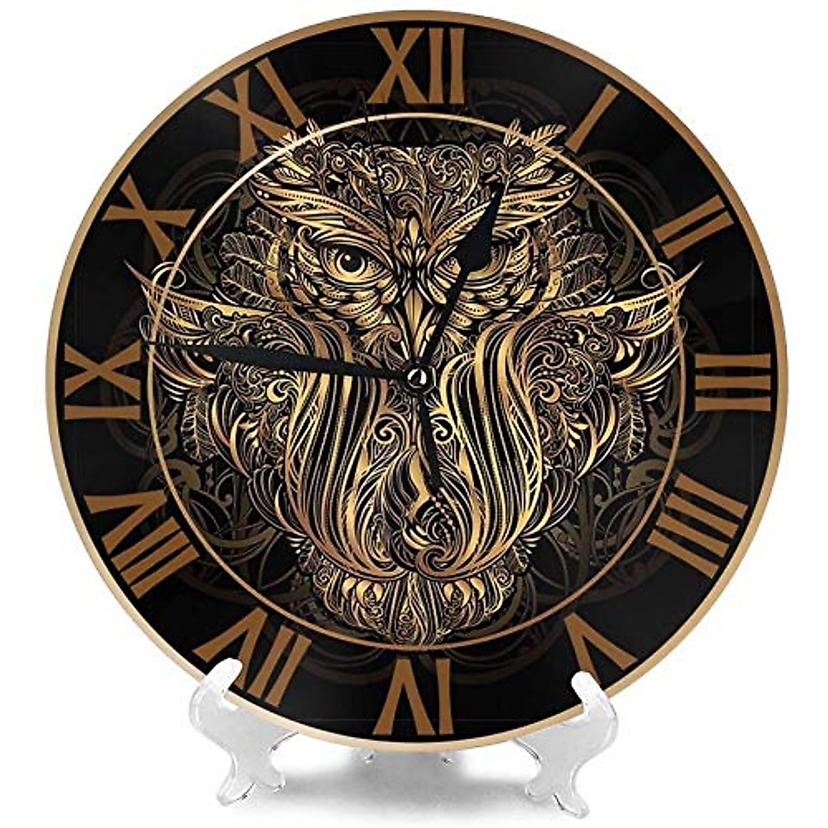 Tenghui Hand Drawn Boho Totemic and Mascot Owl Round Wall Clock Silent Non Ticking Battery Operated Easy to Read for Student Office School Home Decorative Clock Art