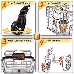 Wellmax Shopping Cart with Wheels, Metal Grocery Cart with Wheels, Shopping Carts for Groceries, Folding Cart for Convenient Storage and Holds Up to 66lbs, Dual Swivel Wheels and Extra Basket, Silver