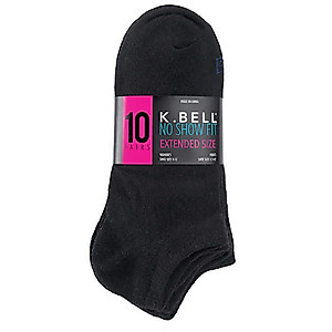 K. Bell Ladies' No Show Sock, 10-pair, Extended size, Shoe Size 8-12
