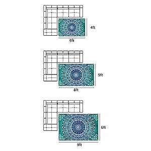 Outdoor Rugs, Waterproof Indoor Carpet, Blue and Green Medallion Custom 4'x6' Outside Area Rug for Patios RV Camping Beach Floor Mat for Balcony Bed Room Living Room Dining Room Mat