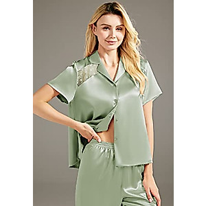 AW BRIDAL 2Pcs Sexy Womens Pajama Sets - Short Sleeve Silk Pajamas Long Pj Pants With Lace, Button Up Pajamas For Women, Sage Green, S| Clever Bridal Shower Gifts Bachelorette Gifts For Bride Pajamas
