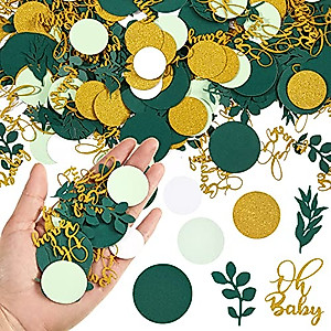 400 Pieces Baby Shower Confetti Sage Greenery Baby Gender Reveal Confetti Table Scatter Confetti with Eucalyptus, Gold Baby Letter, Sprinkles Confetti for ​wedding Birthday Party Decor
