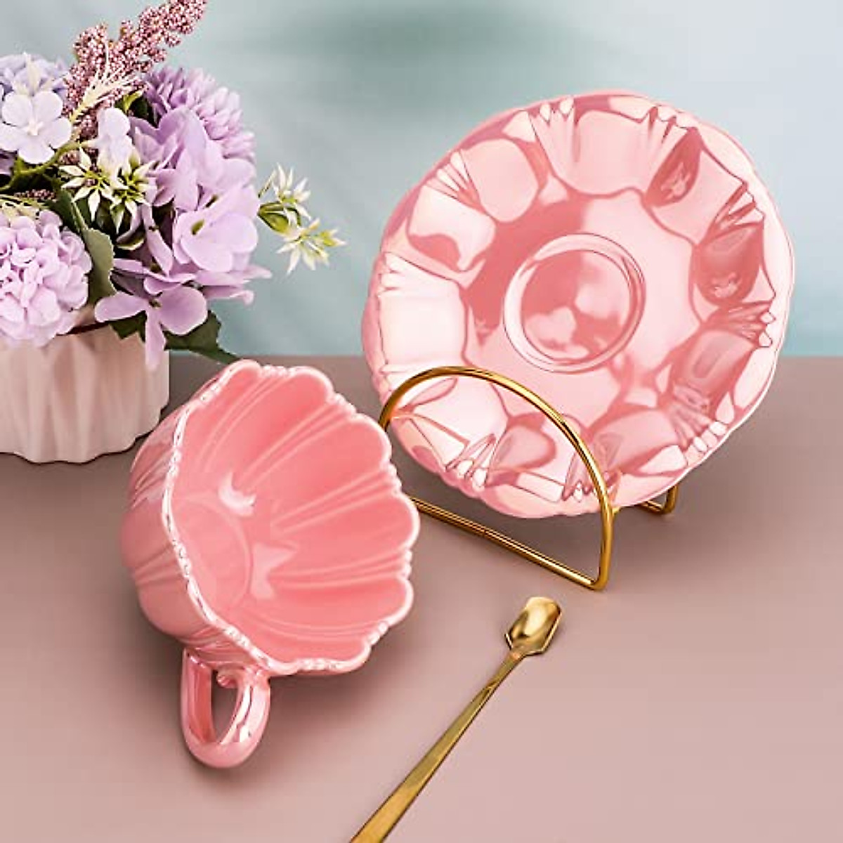 VCXOX Creative Cute Ceramic Coffee Mug with Flower Shape Saucer & Spoon Sets, Novelty Coffee Cup with Comfortable Grip for Office and Home, 8.1 oz/240 ML for Tea Latte Milk Cup (pink)