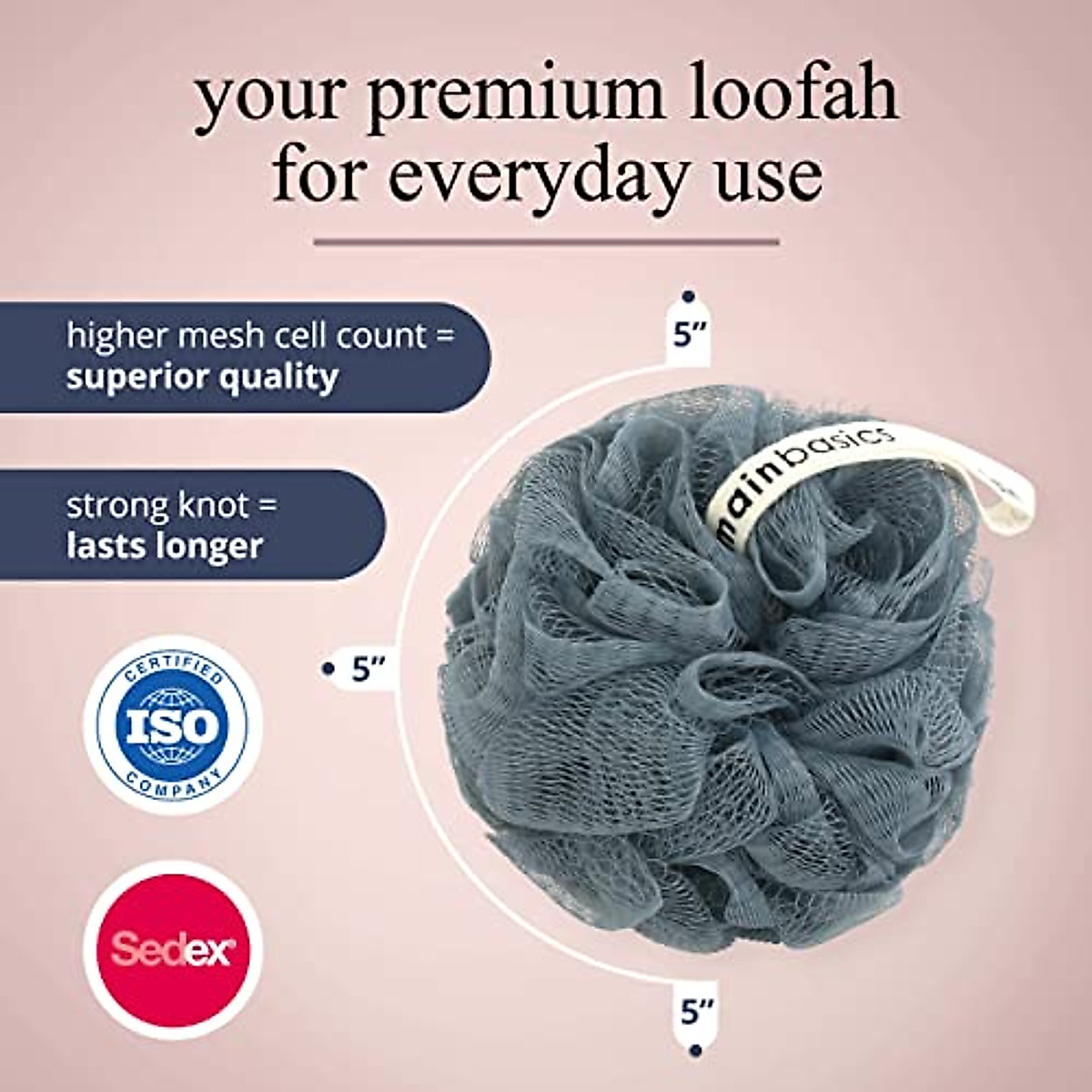 MainBasics Bath Shower Loofah Sponge Pouf Body Wash Scrubber (Set of 3)