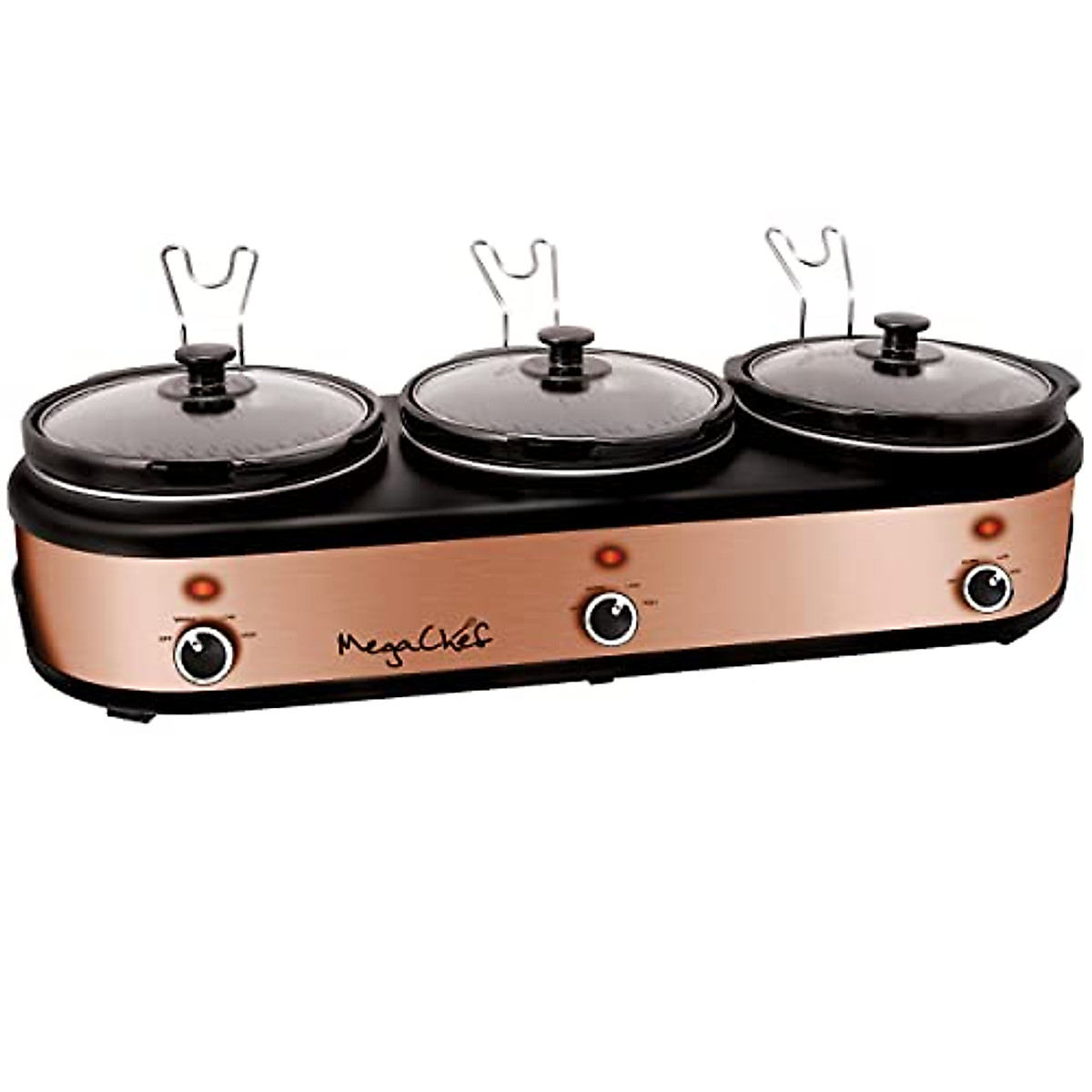 Megachef Triple 2.5 Quart Slow Cooker and Buffet Server in Brushed Copper and Black Finish with 3 Ceramic Cooking Pots and Removable Lid Rests