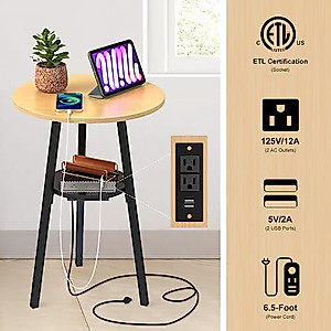 IRCPEN Round End Table with Charging Station, 2-Tier Small Round Table with USB Ports & Power Outlets, Rustic Vintage Nightstand Bedside Table Sofa Table for Bedroom, Living Room (Natural)