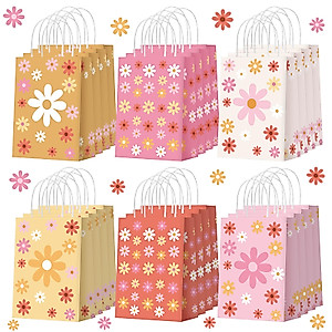 Glenmal 24 Pieces Daisy Flower Gift Bags Bulk Boho Daisy Party Favors Bags Daisy Goodie Treat Candy Bags with Handles for Girls Wedding Retro Birthday Baby Shower Spring Party Decorations Supplies