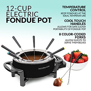 Nostalgia 12-Cup Electric Fondue Pot Set for Cheese & Chocolate - 8 Color-Coded Forks, Adjustable Temperature Control - Stylish Serving for Hors d'Oeuvres, Entrees, and Desserts - Black