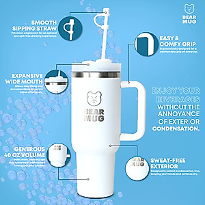 The Original Bear Mug: 40oz Insulated Flask With Handle & Straw | Hot & Cold Insulated | Stainless Steel Water Bottle Alternative | Travel Mug Fits Cupholders | Leak Proof (White)