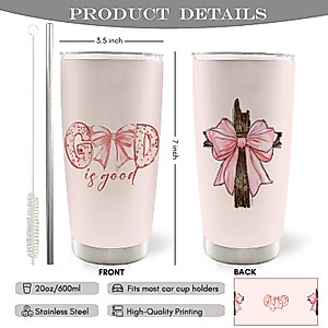 MOTERMATE Christian God is Good Pink Bow Cross 20oz Travel Coffee Mug Tumbler, Christian Easter Tumbler Gifts for Women Kids, Preppy Stuff, Pink Preppy Water Stainless Steel Tumbler with Lid and Straw