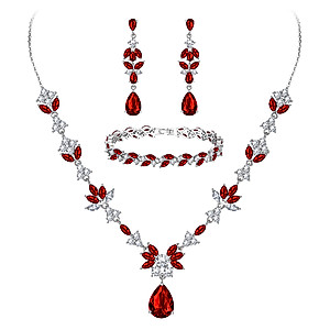 BriLove Wedding Jewelry Set for Women, Y-Necklace Tennis Bracelet Dangle Earrings with AAA Cubic Zirconia Teardrop for Bridal Bridesmaid Ruby Color
