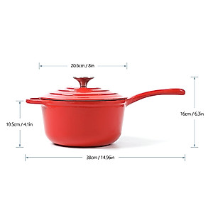 HAWOK Enameled Cast Iron Saucepan, 2.65QT Saucepan with Lid and Long Handle, Red