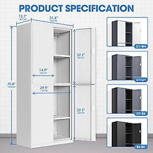 DNA MOTORING Metal Storage Cabinet, 71'' Locking Cabinet with 4 Doors and 2 Adjustable Shelves, Metal Cabinet Heavy Duty Utility Cabinet for Garage,Office,Home,Gym, White, TOOLS-00634-WH-WH