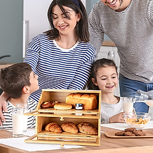 Vrullu Bread Box for Kitchen Countertop, Bamboo Bread Container with Double Layer, Large Capacity Bread Storage with Acrylic Doors, Cutting Board and Stainless Steel Bread Knife