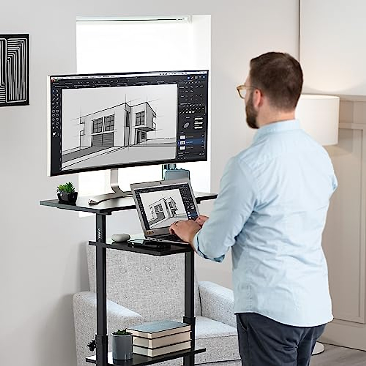 VIVO Mobile Height Adjustable Table Stand Up Desk with Storage, Computer Workstation Rolling Presentation Cart, Black, CART-V02DB