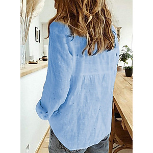 Astylish Women Fashion Clothing Long Sleeve Button Up Linen Shirts Business Casual Clothes Blue X-Large