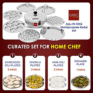 QSEC Stainless Steel Induction Base Idli Maker Multi Kadai Idli Steamer & Idli Cooker With 7 Plates | 2 Mini Idli | 2 Idli | 2 Dhokla | 1 Momo, 4 Literâ€¦