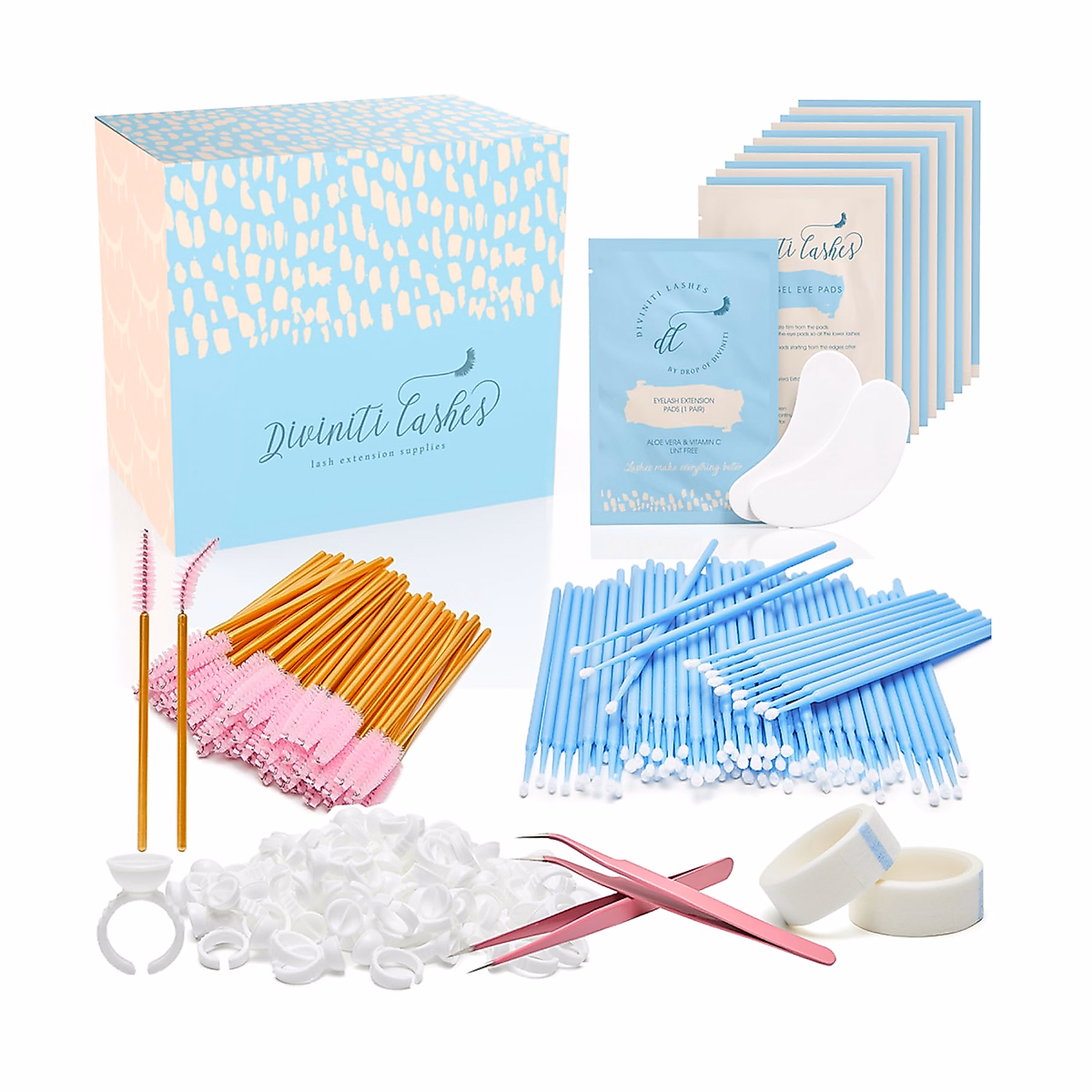 Lash Extension Supplies, Spa Gifts for Adults - Lash Tech Supplies for Eyelash Extension Supplies - Under Eye Pads, Tweezers, Wands, Swabs, Glue Rings, Eyelash Extension Tape, White Elephant