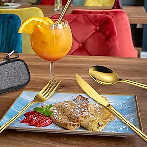 AARAINBOW Portable Travel Utensils with Case, 3 Pcs Heavy Duty Stainless Steel Cutlery Set Reusable Flatware Personal Silverware Set Include Fork Spoon Knife for Office Camping Picnic (Golden)