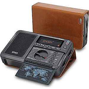 Eton - Elite Traveler AM/FM/LW/Shortwave Radio with RDS & Custom Leather Carry Cover, 500 Station Memory, Sleep Timer, Local/World Time Setting, Snooze Function, Orange LCD Display, Earphone Jack