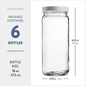 Travel Glass Drinking Bottle Mason Jar 16 Ounce [6-Pack] Plastic Airtight Lids, Reusable Glass Water Bottle for Juicing, Smoothies, Kombucha, Tea, Milk Bottles, Homemade Beverages Bottle,