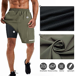 Souke Sports Men's 2 in 1 Workout Running Shorts 7" Quick Dry Gym Athletic Shorts Army Green Liner Zipper Pockets