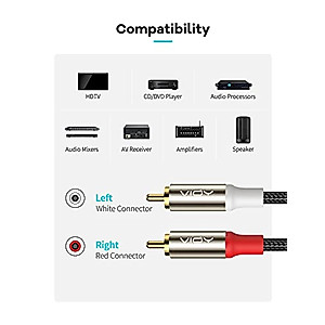 VIOY RCA Splitter Cable (6,5FT/2M), RCA Male to 2 RCA Male Bi-Directional RCA Y Splitter Extension for Subwoofer, Home Theater, AV Receiver, Amplifier, Nylon Braided | Gold Plated Connectors