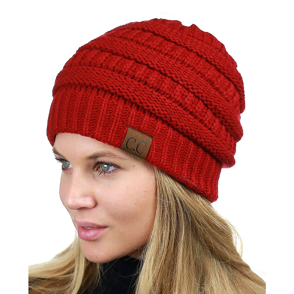 C.C Unisex Chunky Soft Stretch Cable Knit Warm Fuzzy Lined Skully Beanie, Red