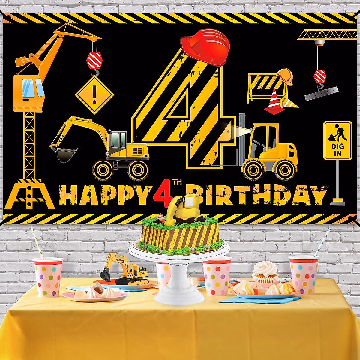 Construction 4th Birthday Banner Decorations for Boys Kids, Dump Truck Construction Theme Four Birthday Backdrop Party Supplies, Excavator Crane Digger Four Year Old Poster Sign
