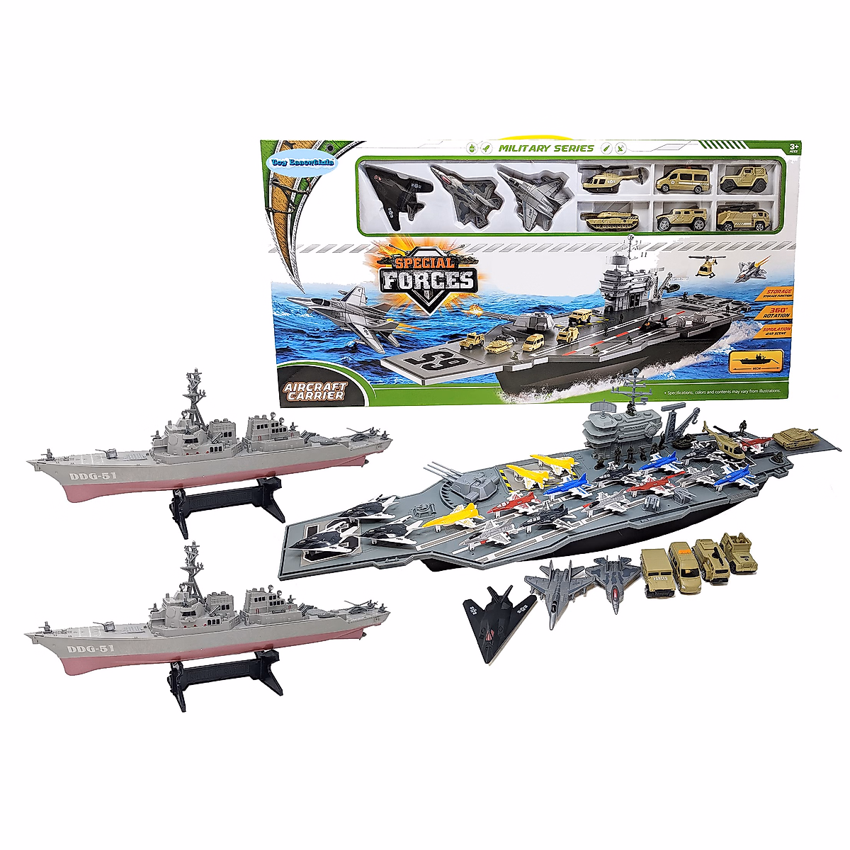 33 Inch Aircraft Carrier Toy with Soldiers Military Vehicles (18 Fighter Jets + 2 Destroyer Ship Combo)
