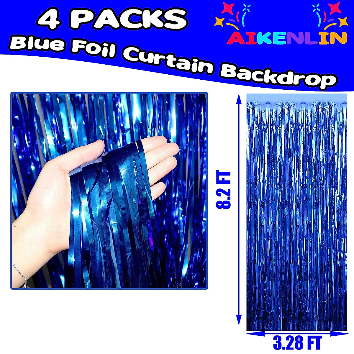 4 Pack 3.2Ft x 8.2Ft Blue Foil Fringe Curtain Backdrop, Metallic Tinsel Foil Fringe Streamers Curtains Background for Photo Booth, Birthday, Wedding, Halloween, Christmas Party Decoration