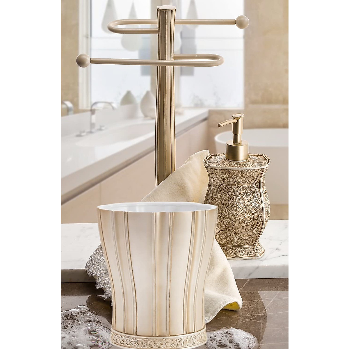 Creative Scents Bathroom Trash Can - Decorative Bathroom Wastebasket - Durable Beige Waste Bin - Space Friendly Waste Basket for Bathroom, Bedroom, Powder Room Or Living Room Decor (Victoria)