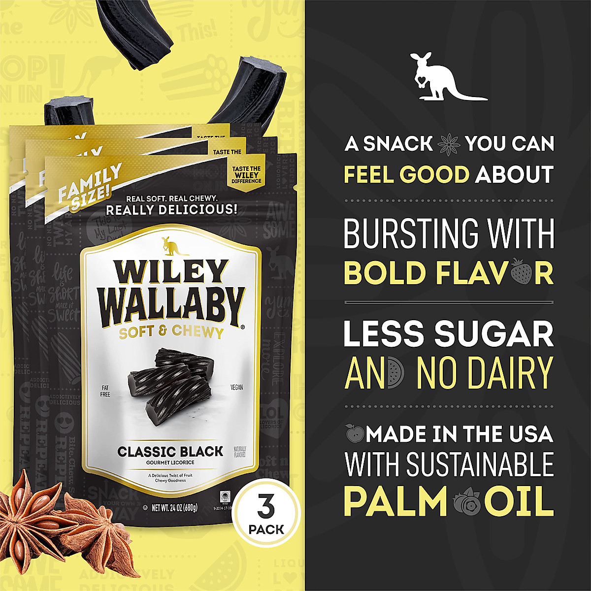 Wiley Wallaby Licorice 24 Ounce Classic Gourmet Soft & Chewy Australian Black Licorice Candy Twists, 3 Pack