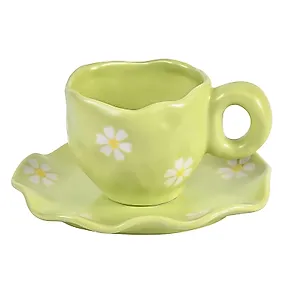 Koythin Ceramic Coffee Mug with Saucer Set, Cute Creative Daisy Cup Saucer for Office and Home, Dishwasher and Microwave Safe, 6.5 oz/200 ml for Latte Tea Milk (Green)