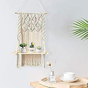 Macrame Wall Shelves Hanging Shelves,Floating Shelves Boho Rustic Decor,Wood Shelves for Bedroom,Bathroom,Living Room (Wooden Beads)