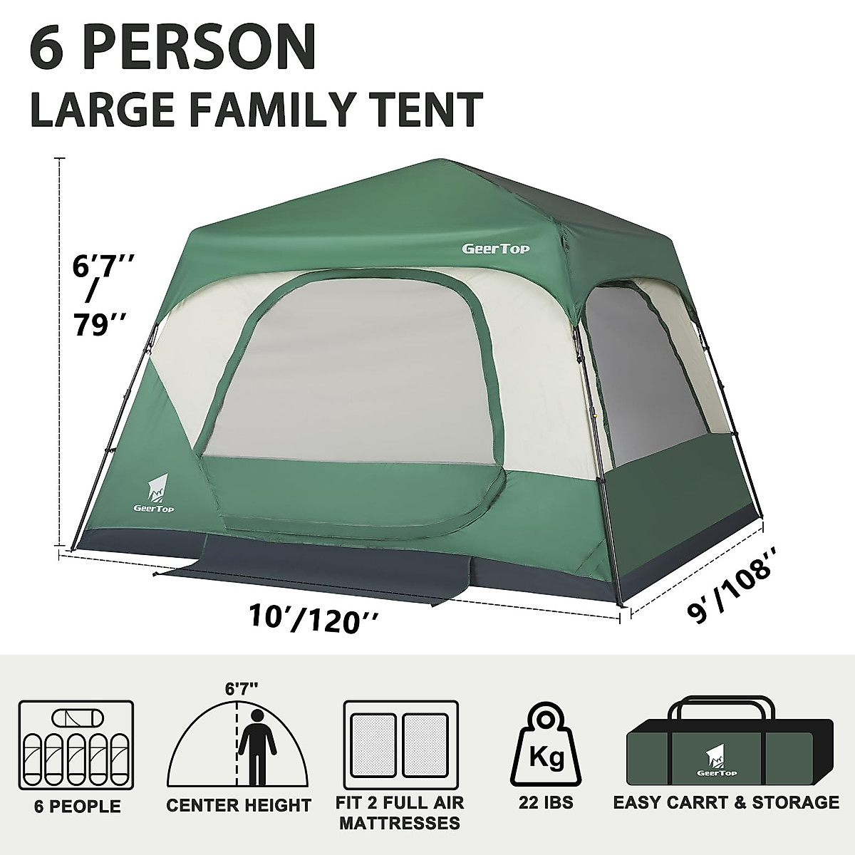 GEERTOP 6 Person Instant Tent for Camping, Large Instant Cabin Tent Easy Setup Pop Up Tent for Family Camping