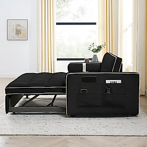 55.5" Convertible Sleeper Sofa Bed, 3 in 1 Velvet Loveseat Sofa Couch with Adjustable Backrest, Modern Pull Out Couch with Round Pillows and Pockets for Living Room (Black)