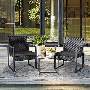 GUNJI Patio Furniture Sets 3 Pieces Outdoor Conversation Set with Coffee Table Patio Wicker Rattan Chairs Set Bistro Sets for Garden, Yard, Lawn, and Balcony (Black)