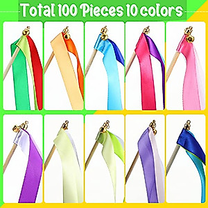 100 Pieces Mix Color Ribbon Sticks Wedding Party Streamers Fairy Wand Chromatic Silk Ribbon and Bell Wands Multicolor Hand Held Ribbons for Dance Wedding Party Celebration Holiday Activities