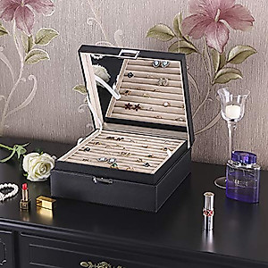 BEWISHOME Ring Organizer and Earring Box Holder - 11 Ring Slots, 25 Earring Compartments, Large Mirror, 2 Layers - Jewelry Box Tray Cufflinks Storage for Girls Women Men, Black Faux Leather SSH21B
