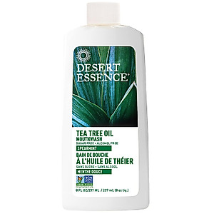 Desert Essence Refreshing Tea Tree Oil Mouthwash - 8 Fl Ounce - Essential Oil of Spearmint - Reduces Plaque Buildup - Complete Oral Care - Refreshing Taste - Vitamin C