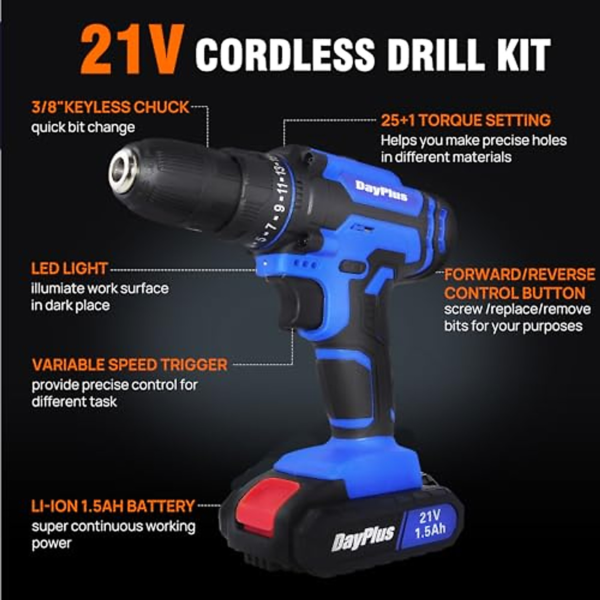 21V Cordless Drill Set, Electric Power Drill with 1 Battery and Charger, 3/8'' Keyless Chuck, 45Nm, 25+1 Torque, 2 Variable Speeds,26pcs Drill Bits & LED Electric Drill Set for Home and Garden DIY
