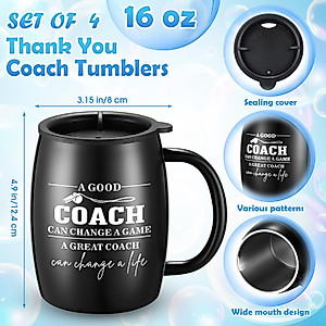 Vesici 4 Pcs Coach Appreciation Gifts 16 oz Insulated Travel Coach Mug Stainless Steel Coffee Tumbler Double Wall Cup for Men Women Soccer Football Basketball Thank You Gifts(Black)