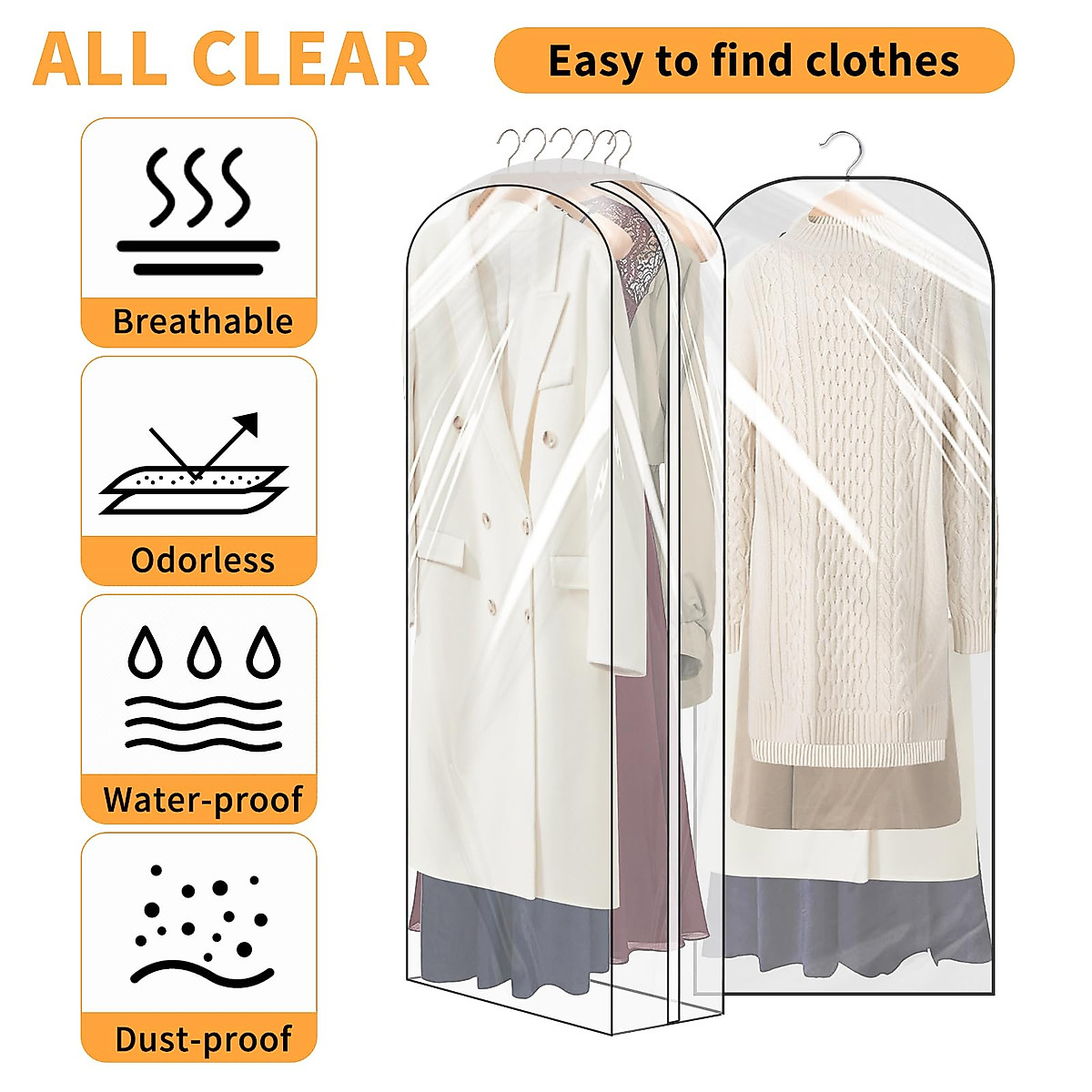 Peyorom 10" Gusseted Dress Garment Bags for Hanging Clothes, 60" All Clear Long Garment Bags for Gowns, Long Dress Bag for Closet Storage, Foldable Dress Cover, 2 Pack