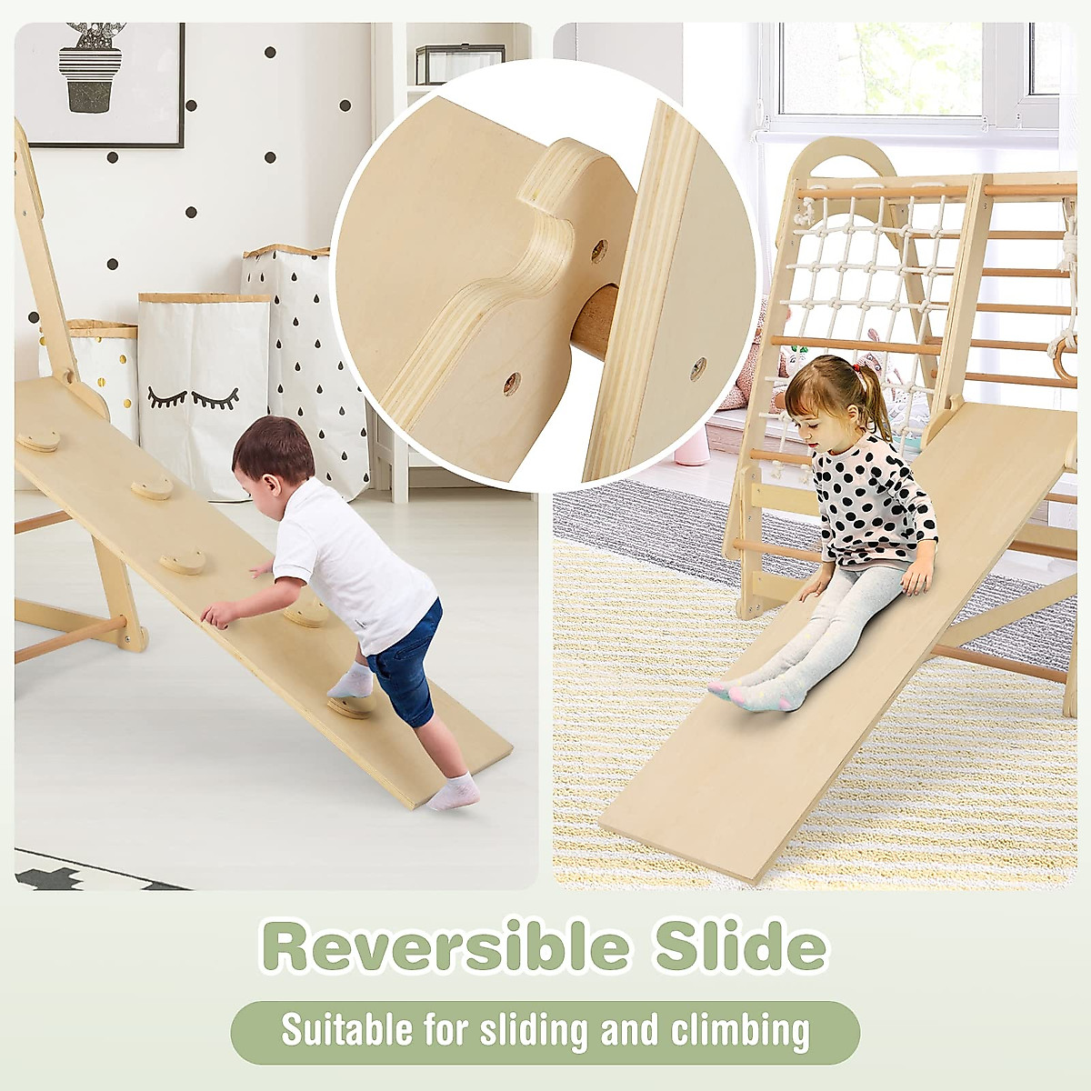 HONEY JOY Kids Indoor Playground, Jungle Gym Playset w/Climbing Rock Ramp, Slide, Rope Climber & Ladder, Monkey Bars, Rings, Removable Tent, Wooden Montessori Climbing Toys for Toddlers Boys Girls 1+