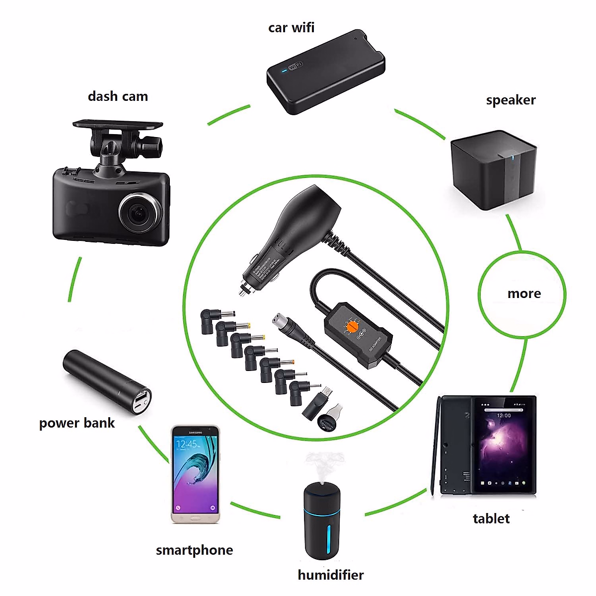 Powseed DC Car Charger Universal Power Adapter w/USB Port for Dash cam Breast Pump Speaker Smart Phone Tablet & Micro USB Device, Output 3V 4.5V 5V 6V 7.5V 9V 12V Multi-Voltage Car Adapter