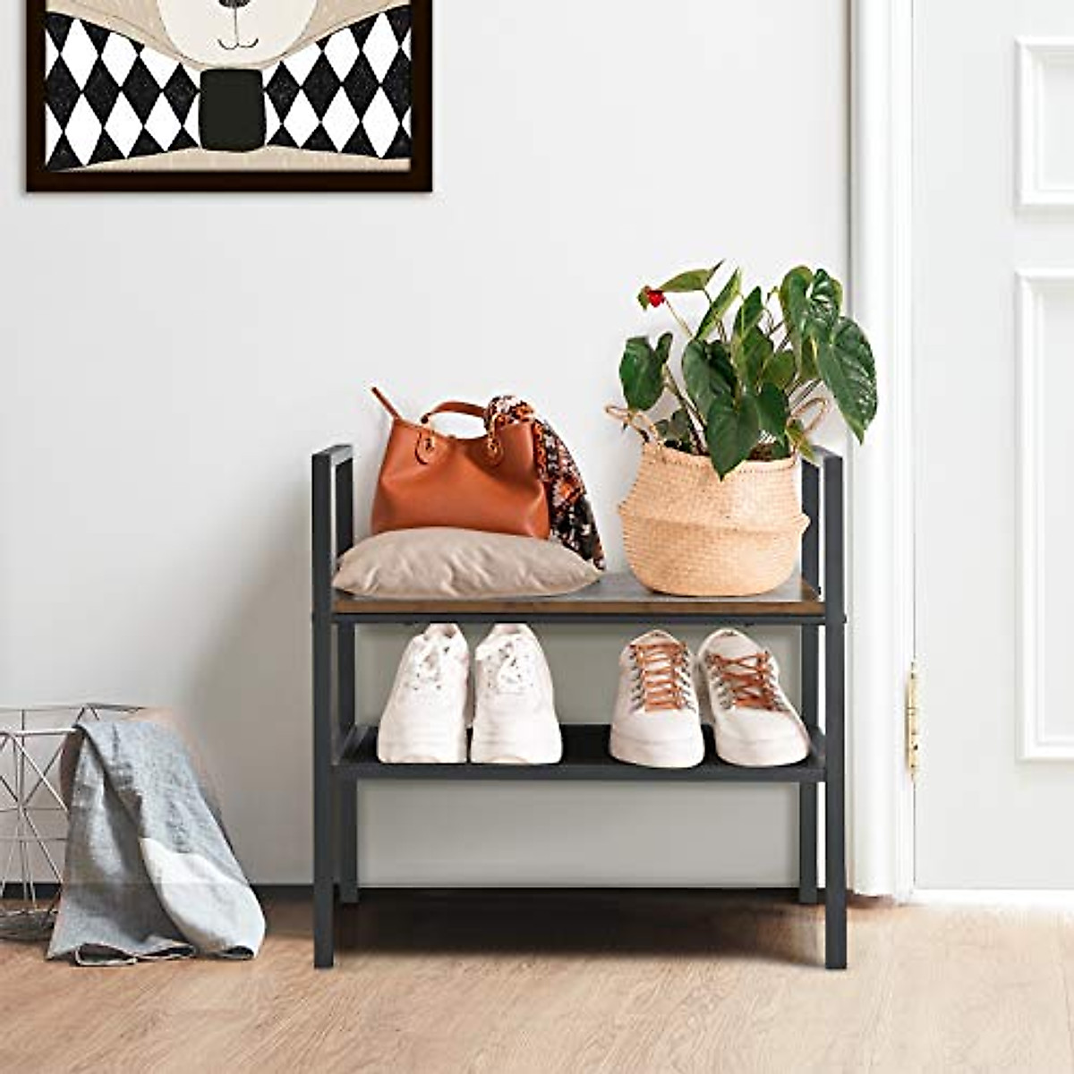 Giantex 2-Tier Storage Shelf Bookcase Stackable Ladder Rack W/ Metal Frame and Mesh Shelf Compact Kitchen Shelf for Living Room, Bedroom, Entryway Kitchen Industrial Style Shoe Rack(1)