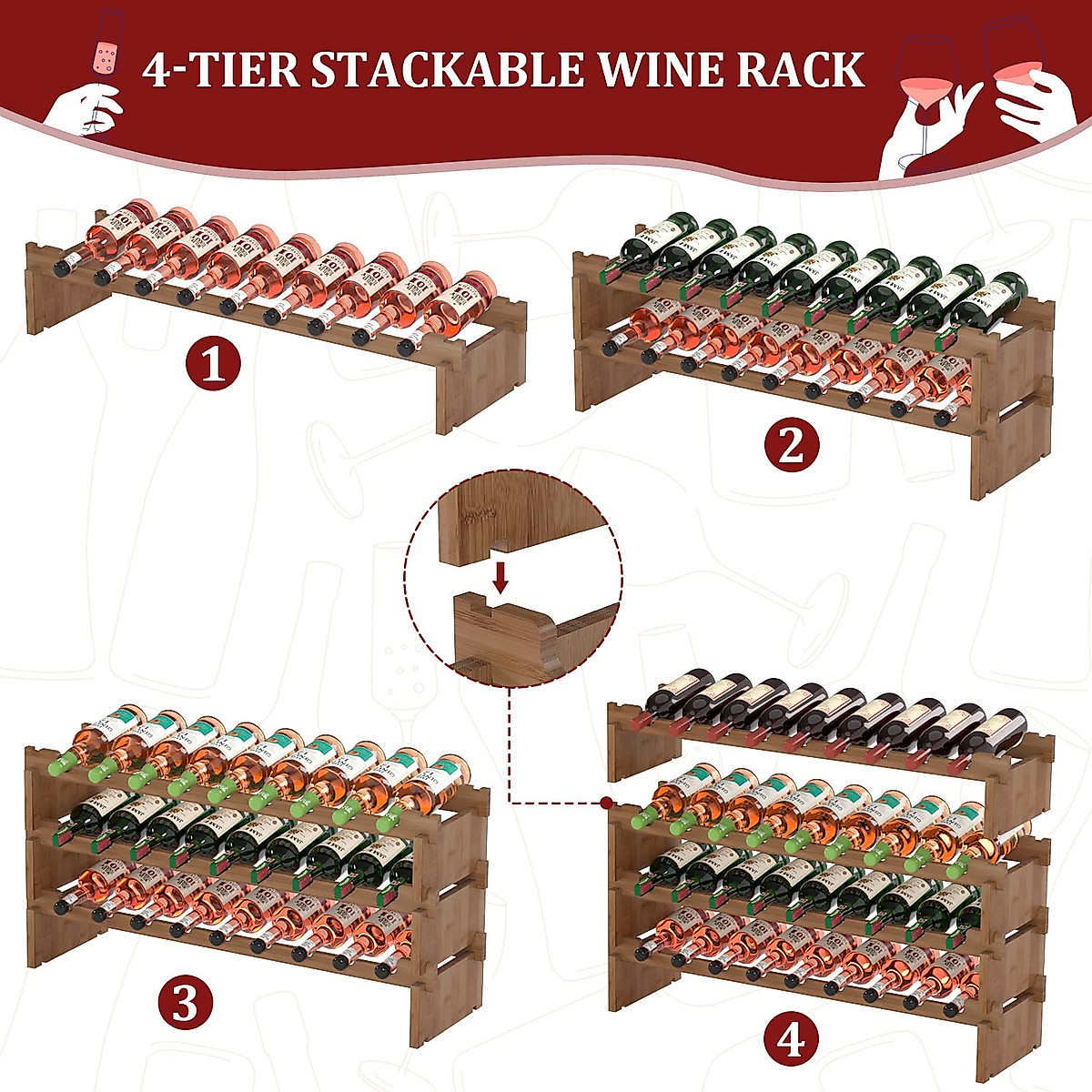 Domax Wine Rack Freestanding Floor - 36 Bottle Wine Racks Countertop,4 Tiers Stackable Wooden Storage Holder, 33.5 in Wide (Walnut)